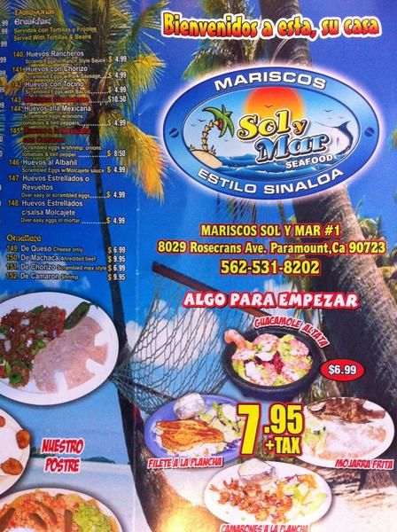 Menu at Sol Y Mar Mariscos Restaurant Paramount, Paramount