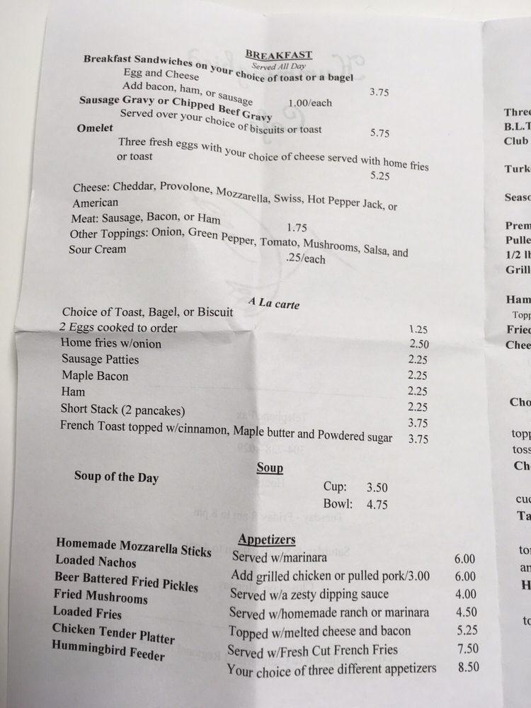 Menu at The Hummingbird Cafe, Wiley Ford