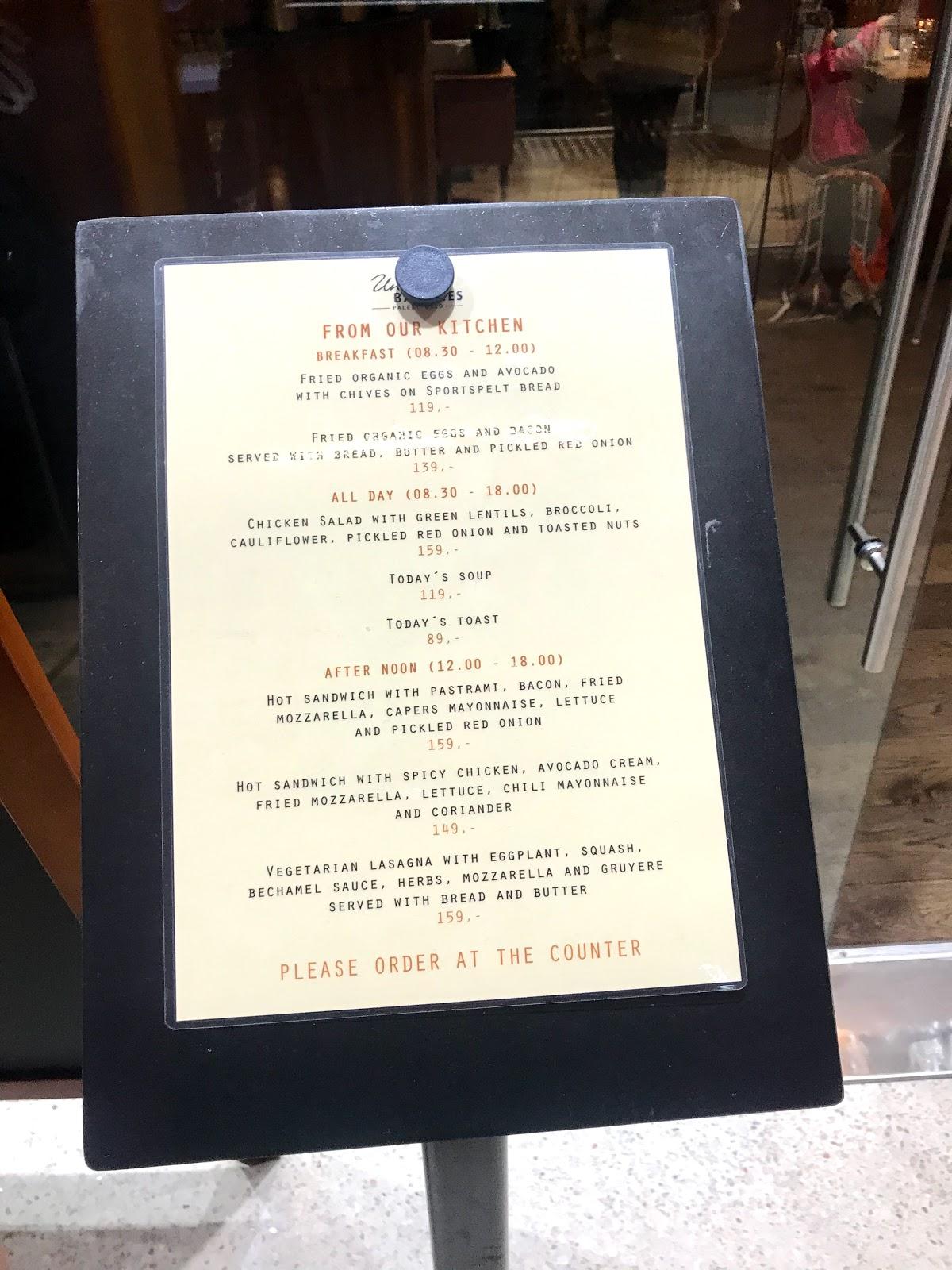 Menu at United Bakeries cafe, Oslo, Karl Johans Gt. 37-43