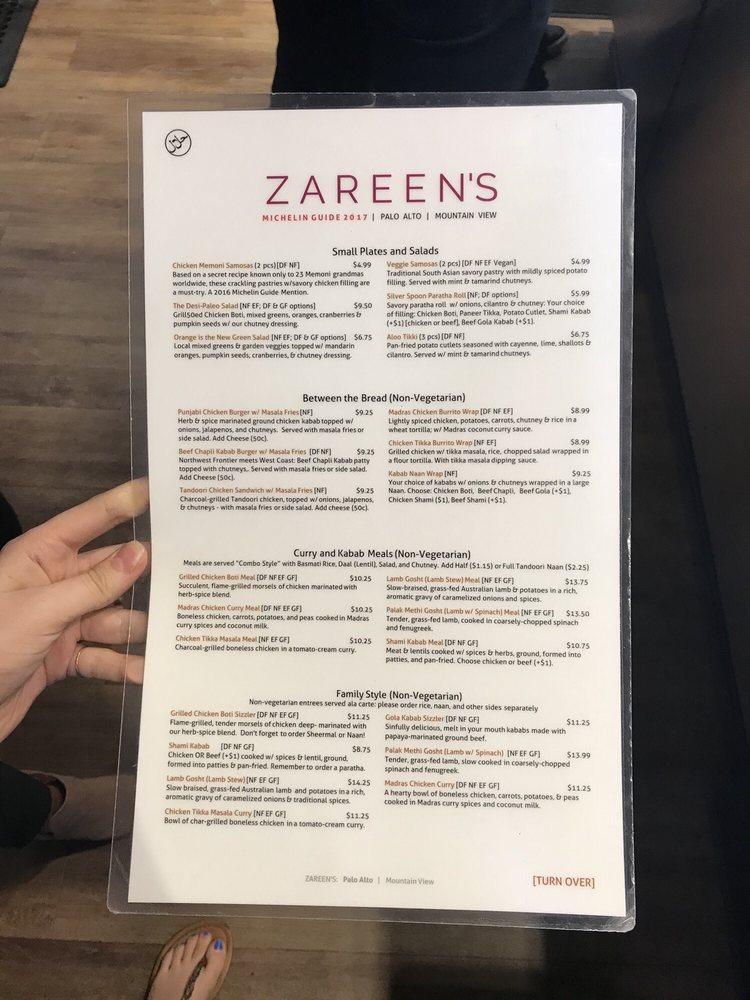 Menu at Zareen's Palo Alto restaurant, Palo Alto