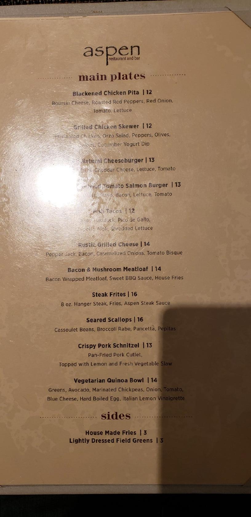 Menu at Aspen Restaurant, Old Saybrook