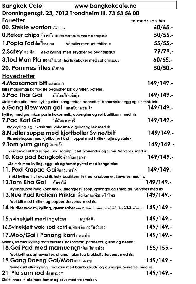 Menu at Bangkok Cafe, Trondheim