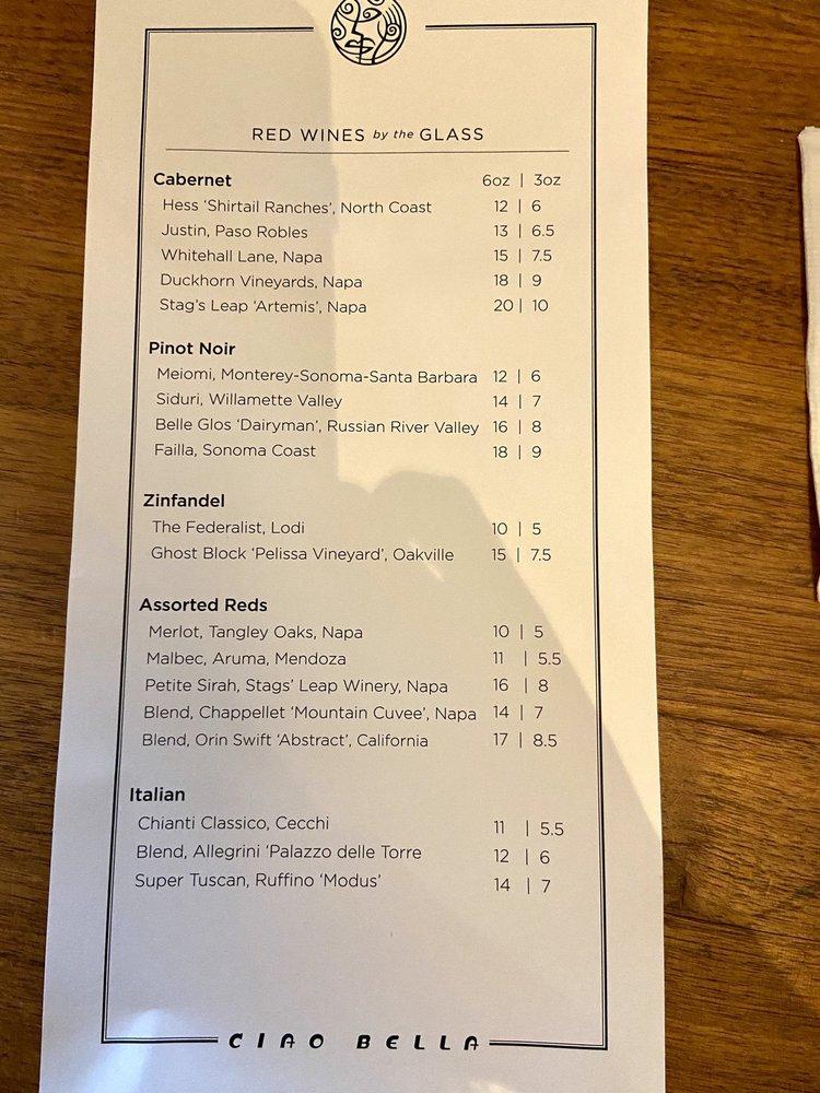 Menu at Ciao Bella restaurant, Bloomington