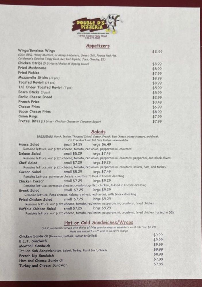 Menu at Double D's Pizzeria, Sappington