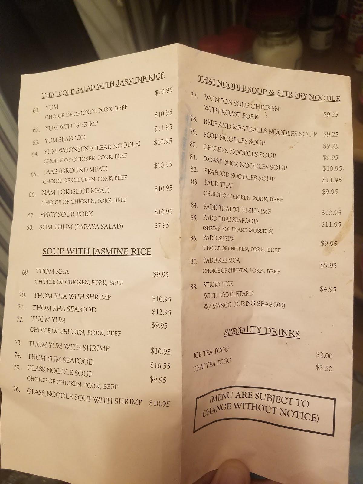 Menu at Grandma’s Thai Cuisine restaurant, Harker Heights