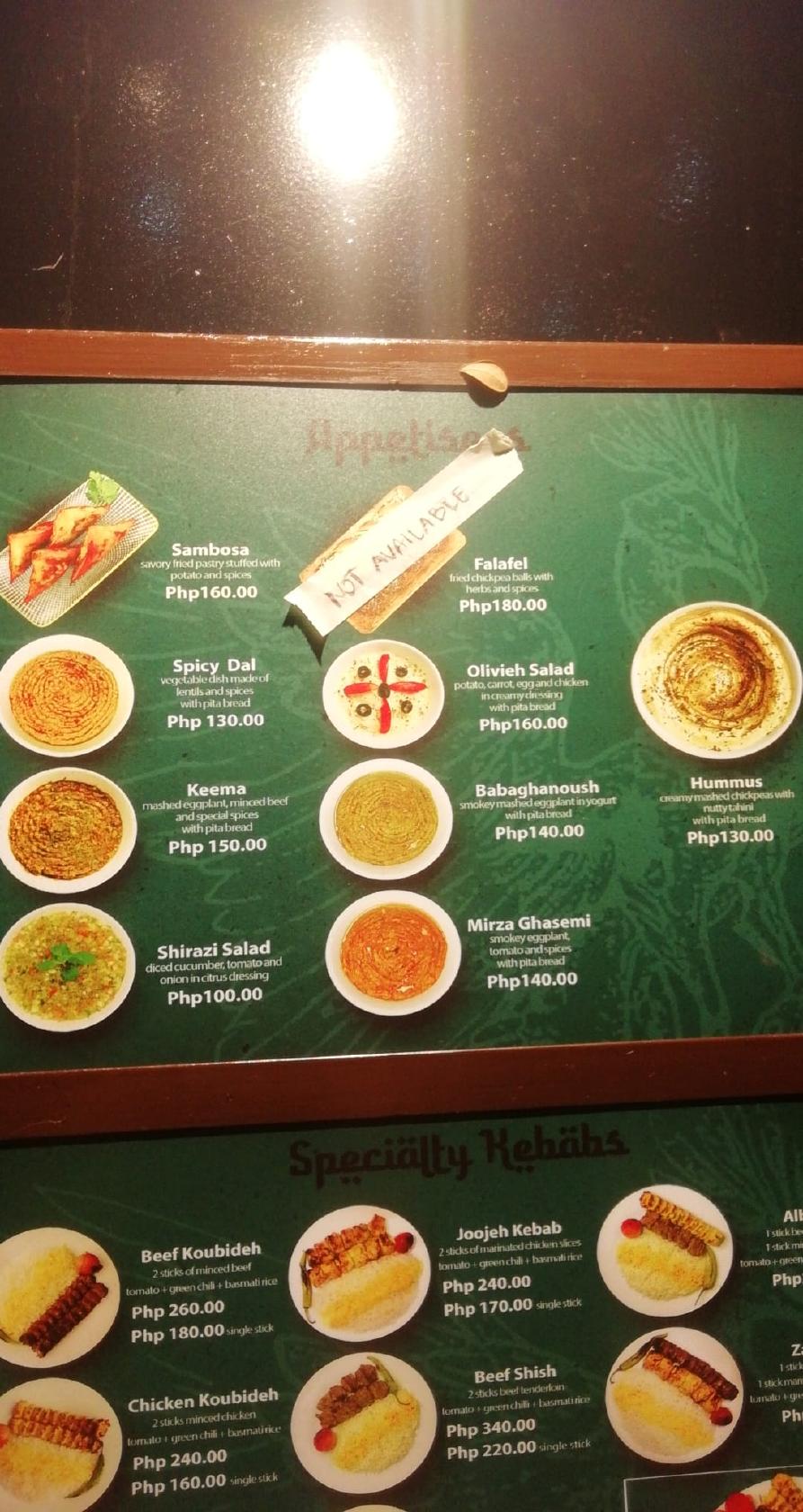 Menu at Homa Persian Cuisine restaurant, Binalonan