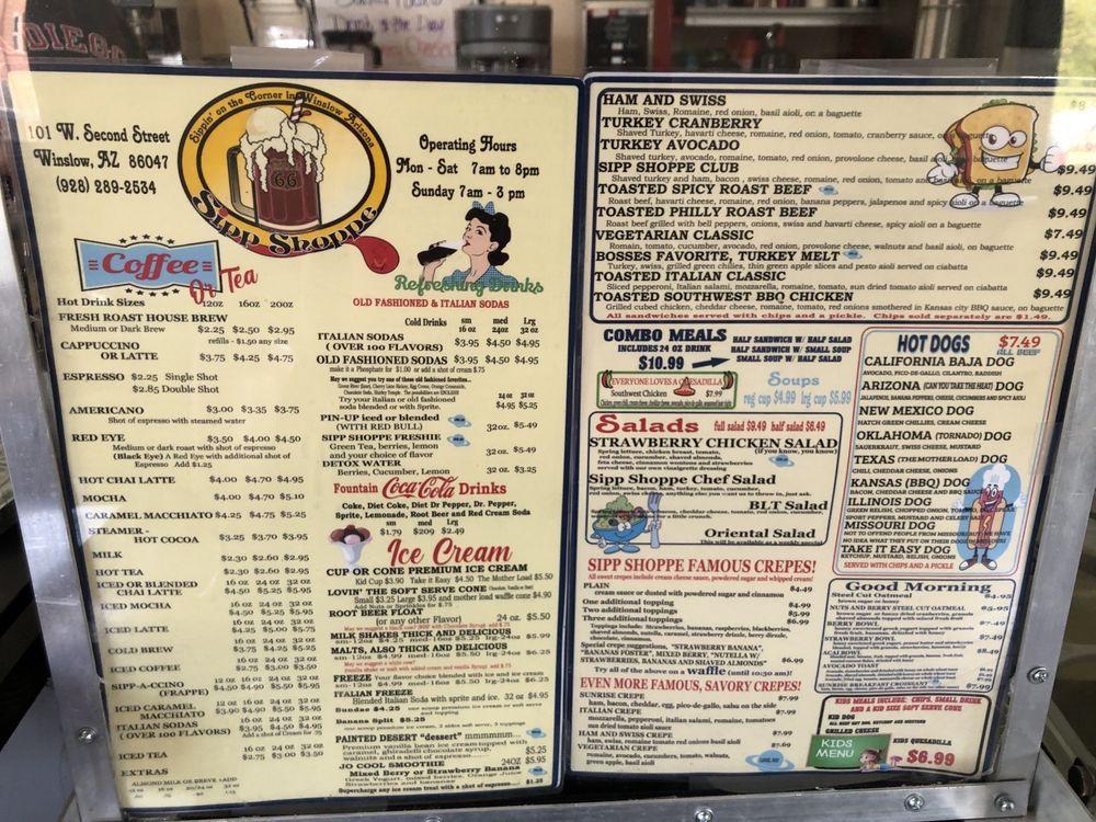 Menu at Sipp Shoppe restaurant, Winslow