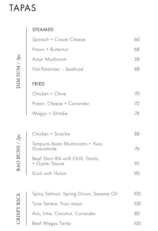 Menu at YU Restaurant, Cape Town