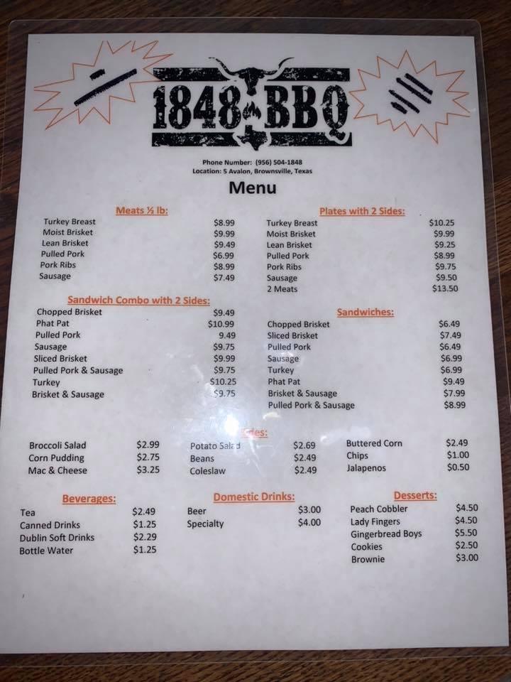 Menu at 1848 BBQ, Brownsville