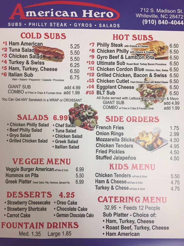 Menu at American Hero desserts, Whiteville