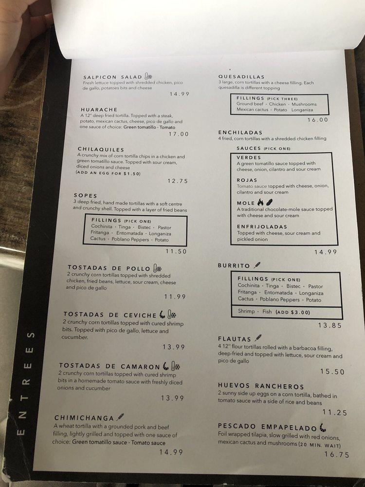 Menu at Aztec's Mine restaurant, Toronto