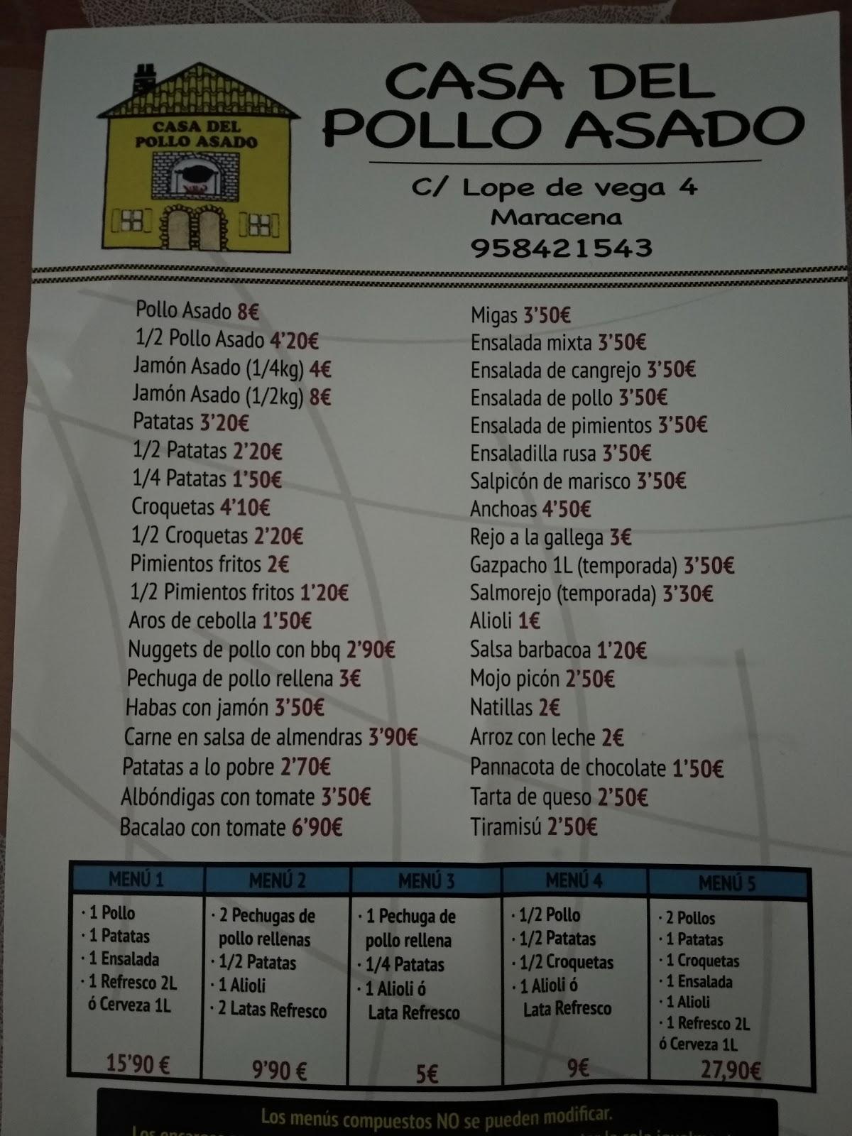 Menu at Casa Del Pollo Asado Maracena restaurant, Maracena