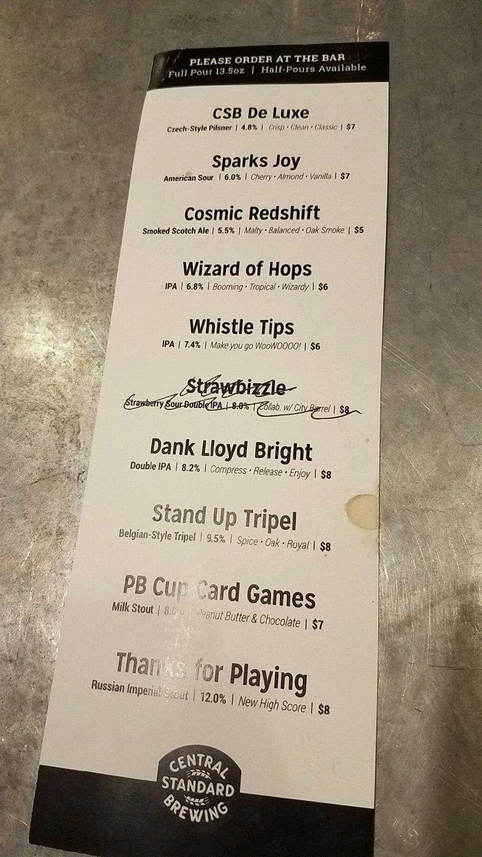 Menu at Central Standard Brewing restaurant, Wichita, 156 Greenwood