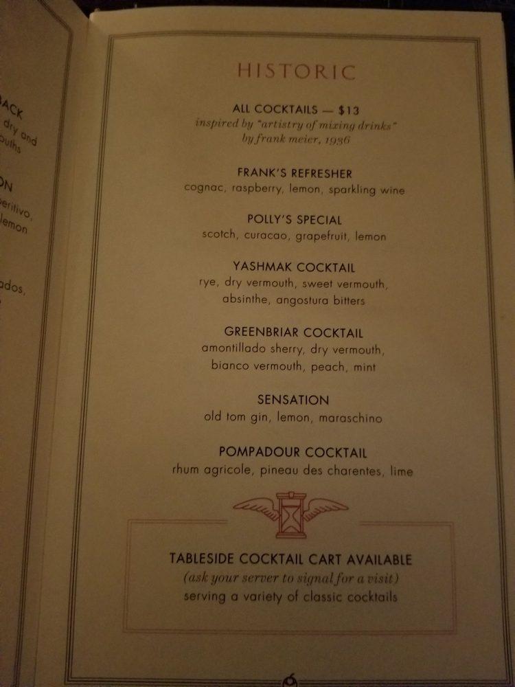 Menu at Cherry Circle Room restaurant, Chicago