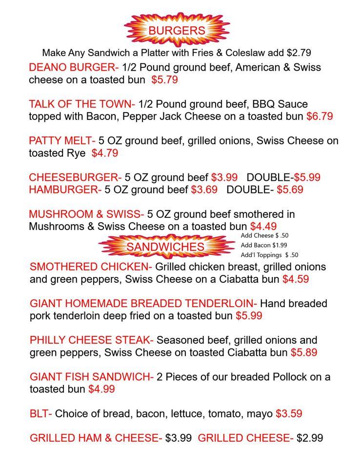 Menu at Deano's Diner pizzeria, Ashley