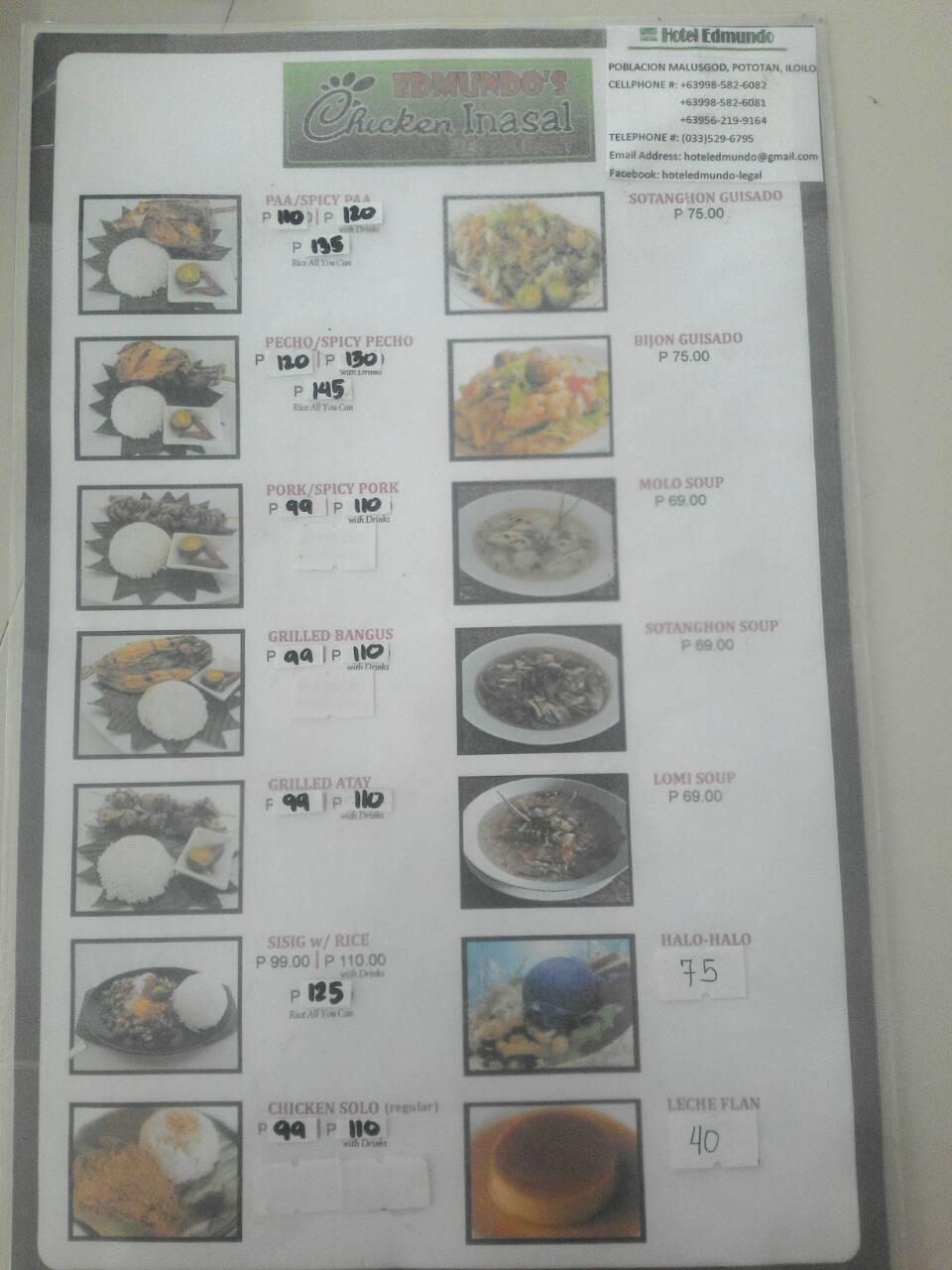 Menu at Edmundo's Chicken Inasal & Restaurant, Pototan