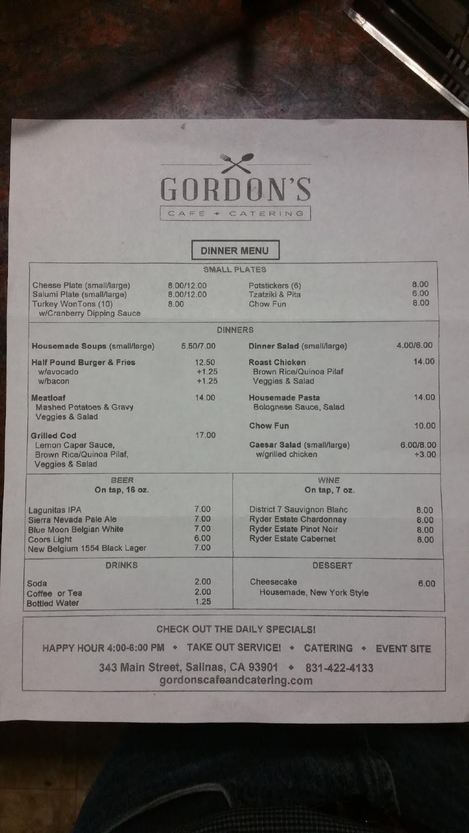 Menu at Gordon's Café and Catering cafe, Salinas