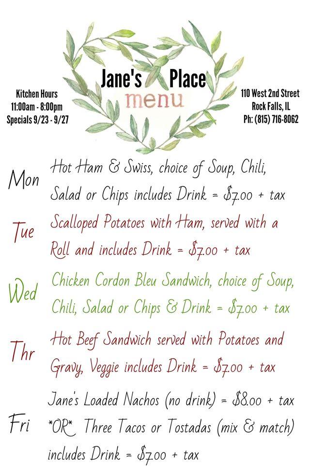 Menu at Jane's Place pub & bar, Rock Falls
