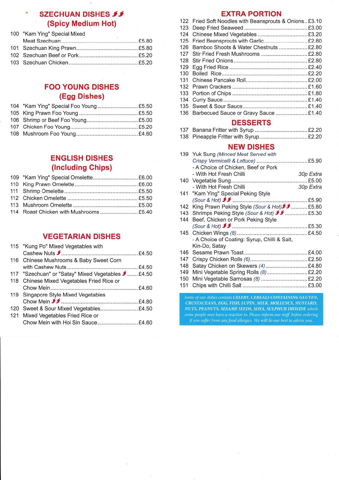 Menu at Kam Ying Cantonese Takeaway fast food, Hinckley
