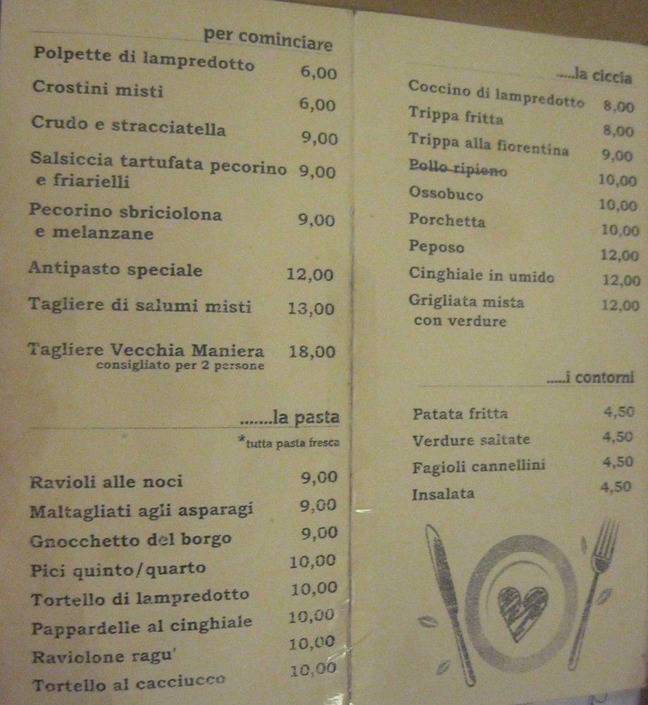 Menu da La Vecchia Maniera ristorante, Firenze