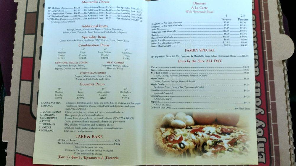 Menu at Parry's & Pizzeria Restaurant, American Canyon