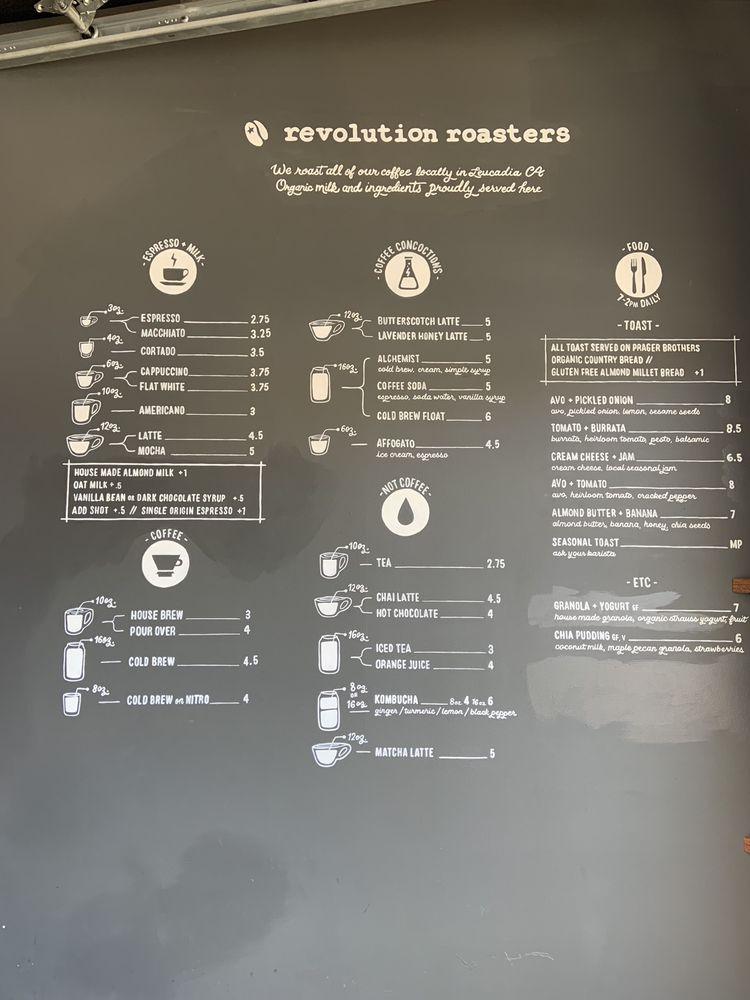 Menu at Revolution Roasters cafe, Oceanside