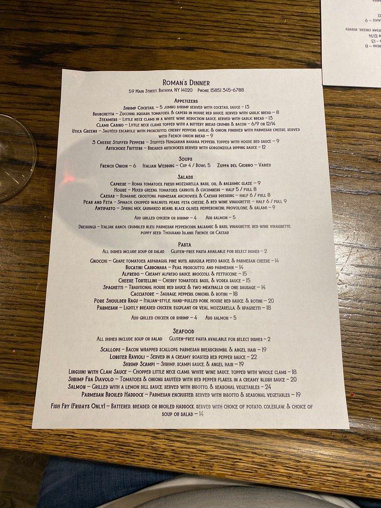 Menu at Roman's pizzeria, Batavia
