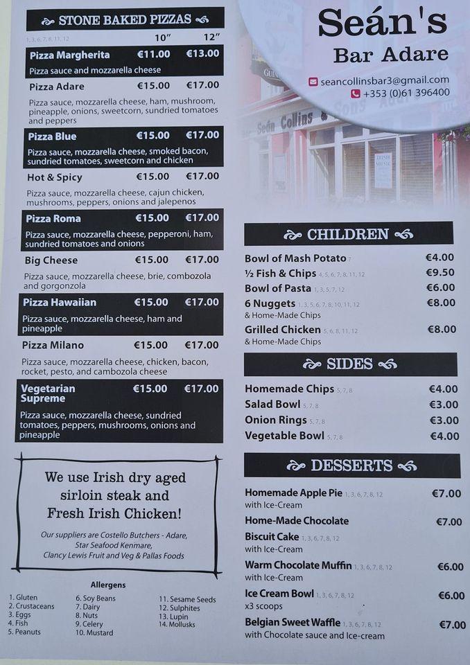 Menu at Sean Collins & Sons Bar & Restaurant Adare, Adare