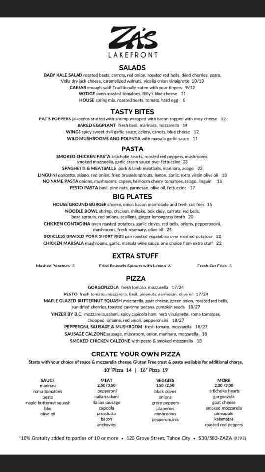 Menu at Za's Lakefront pub & bar, Tahoe City
