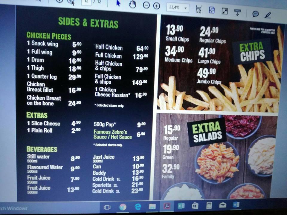 Speisekarte von Zebros Maponya Mall restaurant, Soweto