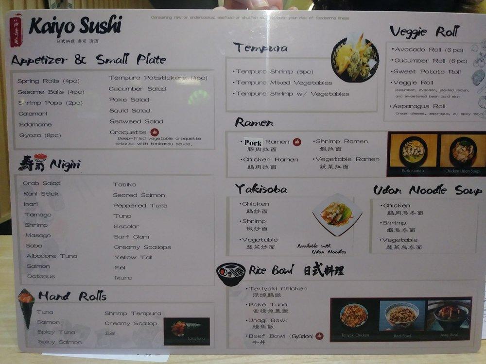 Menu at Kaiyo Sushi restaurant, Albany