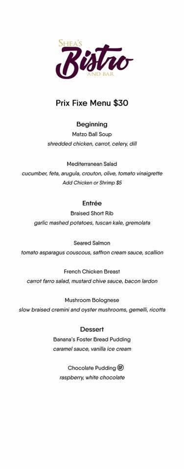 Menu at Shea’s Bistro & Bar, Buffalo