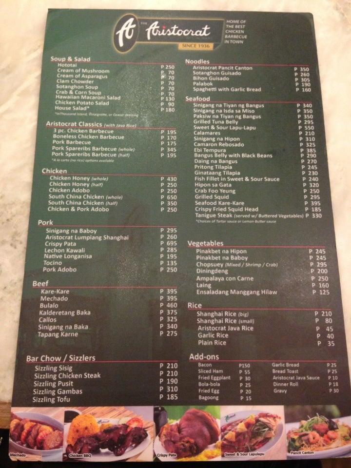 Menu at The Aristocrat Restaurant, Manila, 1004 San Andres St