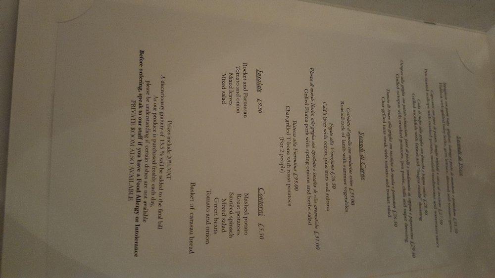 Menu at Zafferano restaurant, London