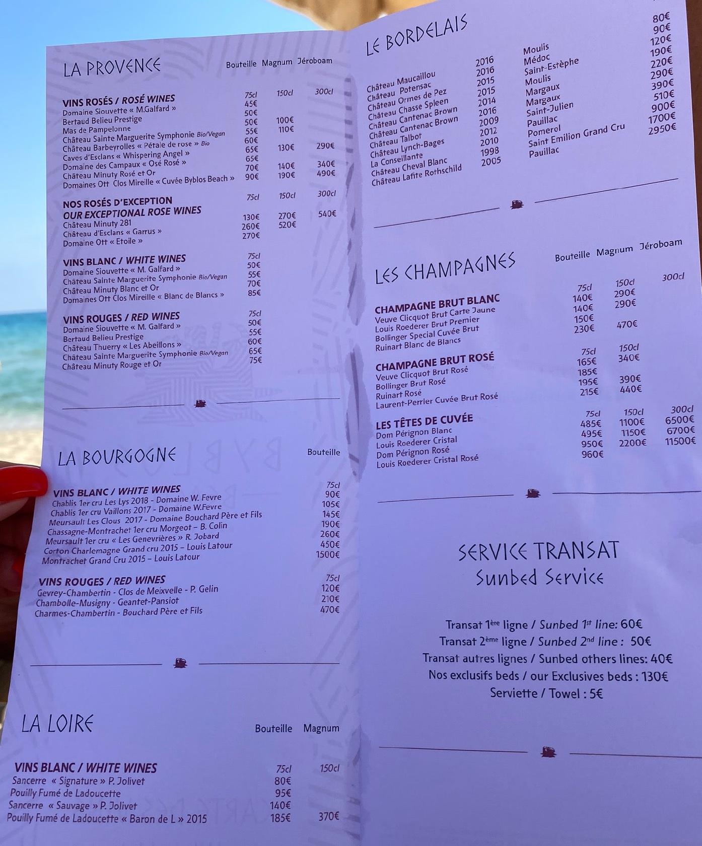 Menu at Byblos Beach Ramatuelle restaurant, Ramatuelle