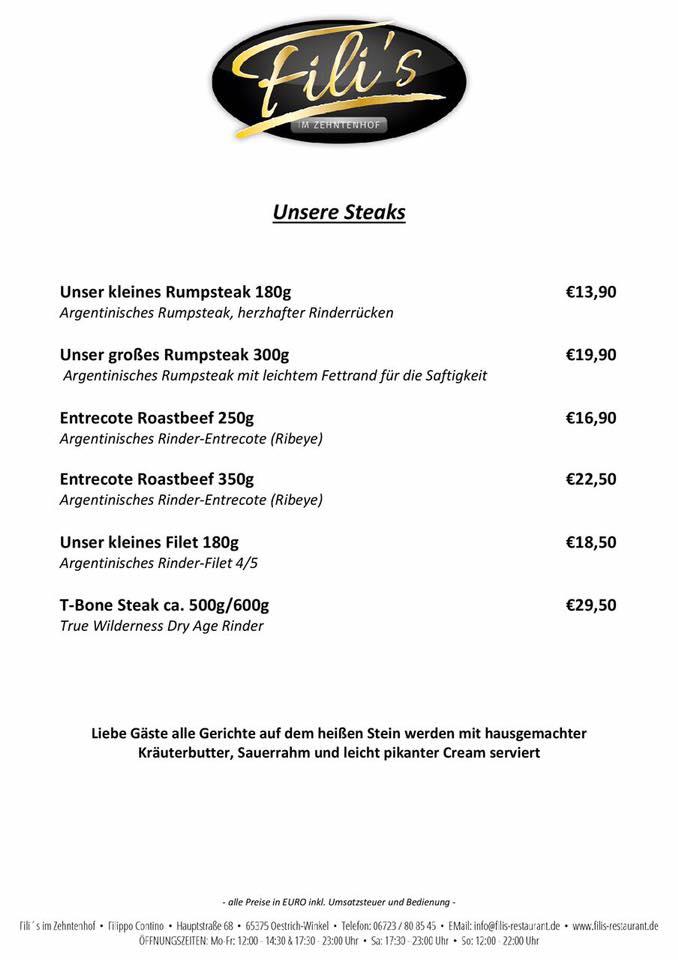 Menu au Fili´s im Zehntenhof restaurant à viande, Oestrich-Winkel