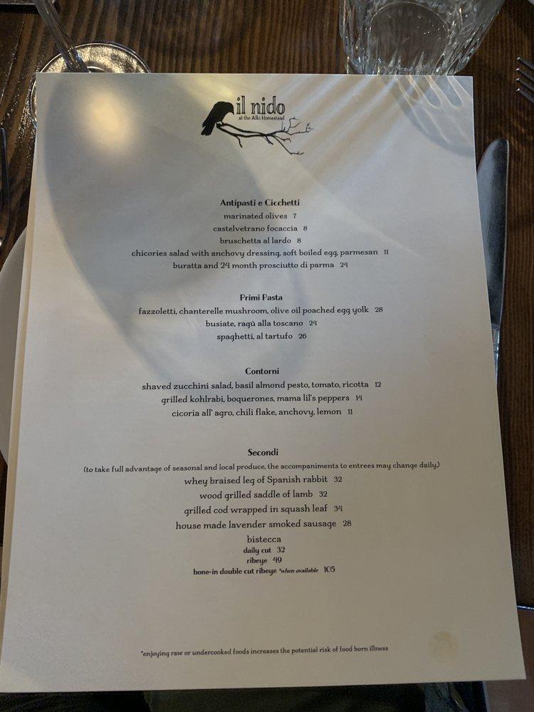 Menu at Il Nido restaurant, Seattle