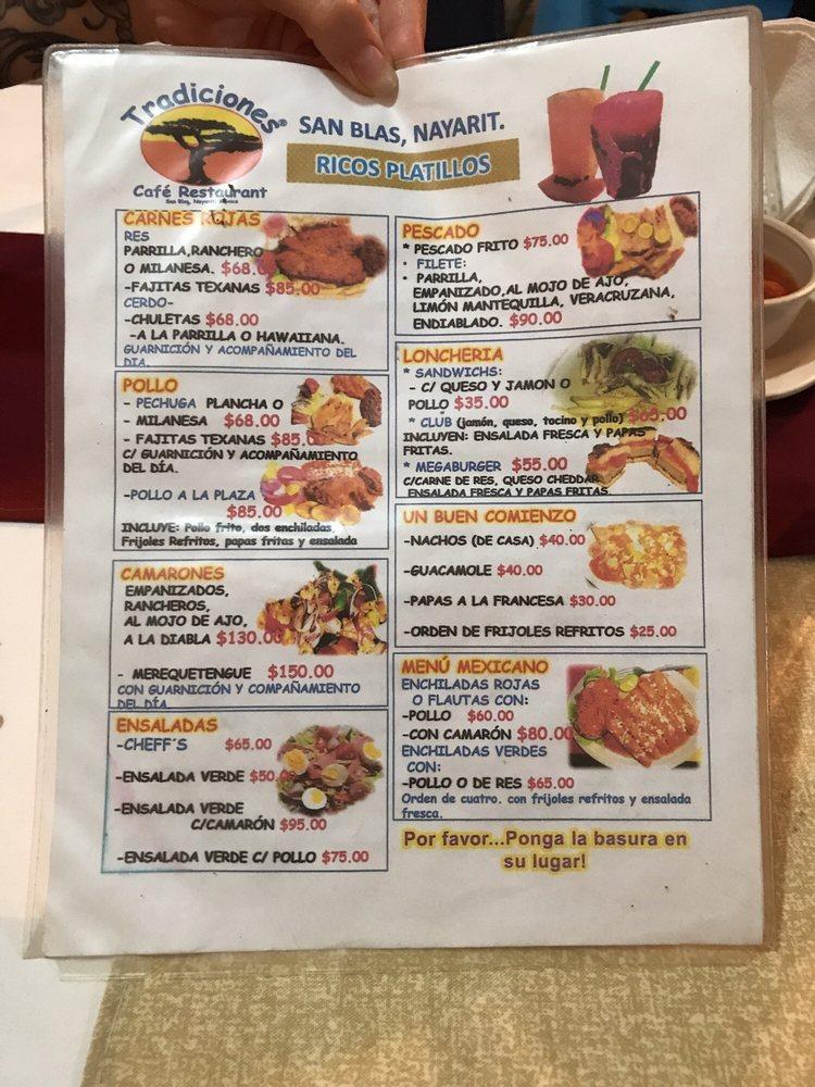 Menu at Tradiciones Cafe Restaurant, San Blas