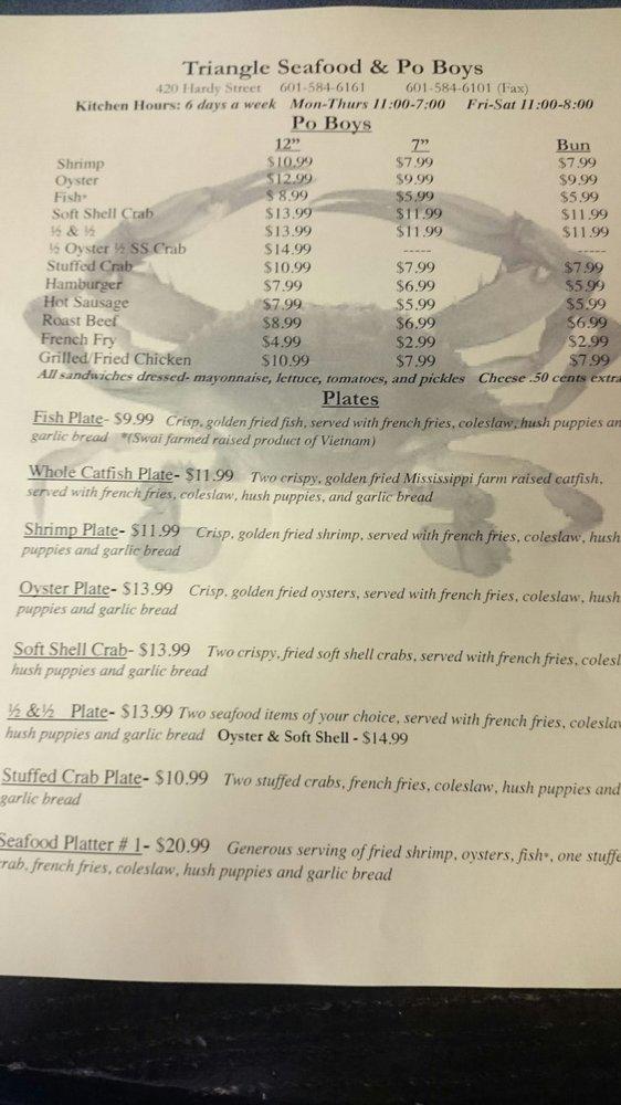 Menu at Triangle Seafood & Po Boy restaurant, Hattiesburg