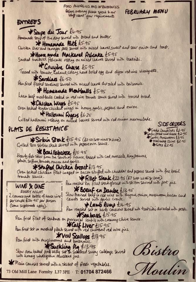 Menu at Le Bistro Moulin restaurant, Liverpool