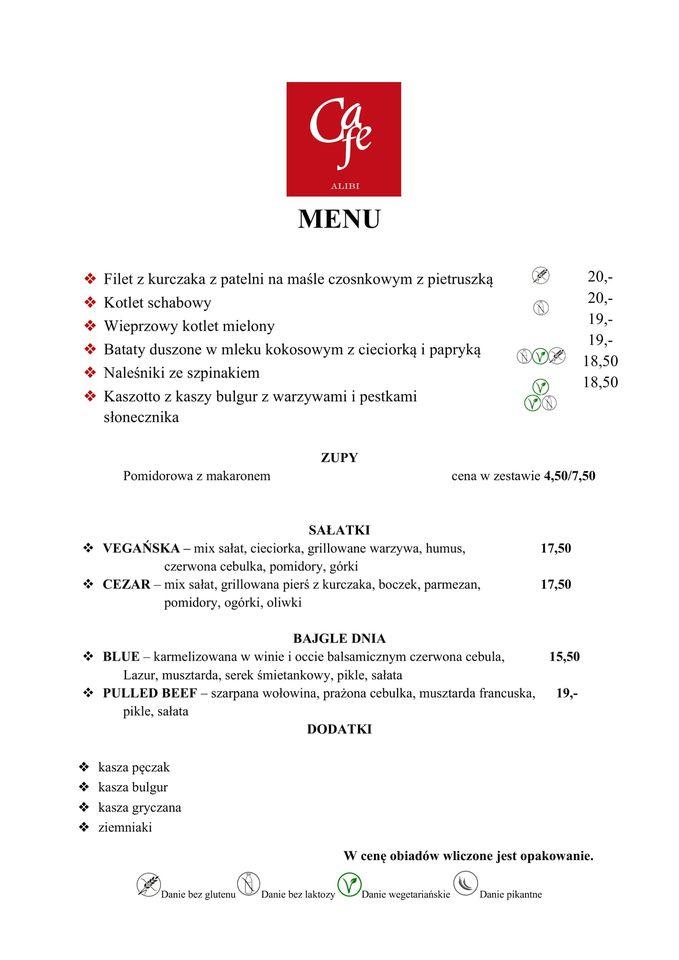 Menu at Cafe Alibi. Małachowicz D., Warsaw