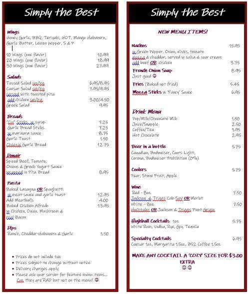 Menu at Cozy Corner Pizzeria, Vanderhoof