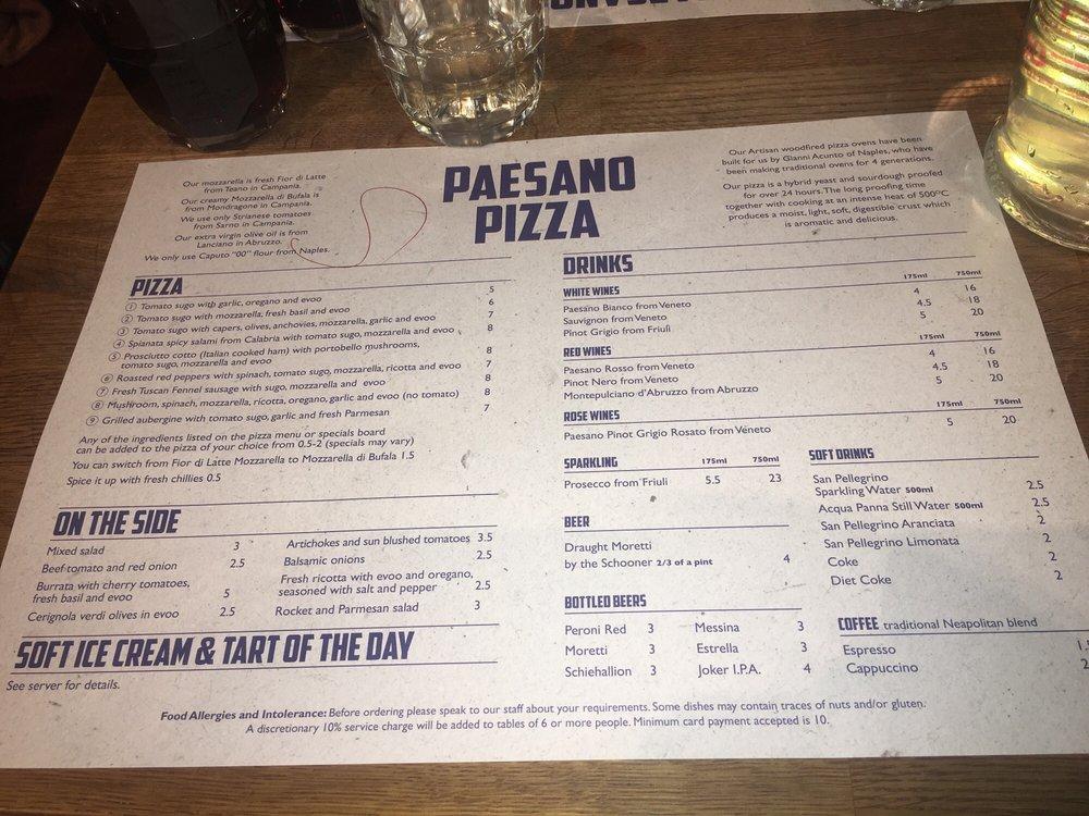 Menu at Paesano Pizza pizzeria, Glasgow, 94 Miller St