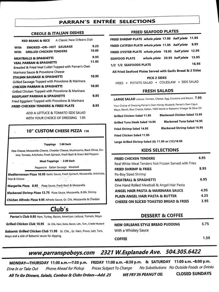 Menu at Parran's Po-Boys of Kenner restaurant, Kenner, W Esplanade Ave ...