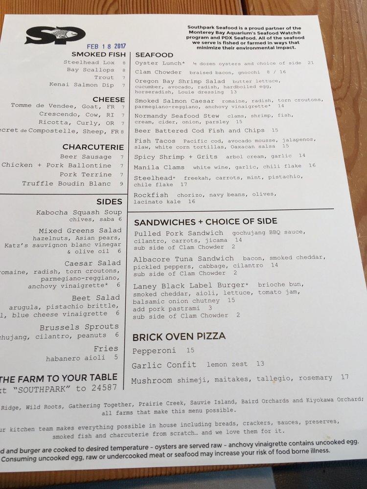 Menu at Southpark Seafood restaurant, Portland