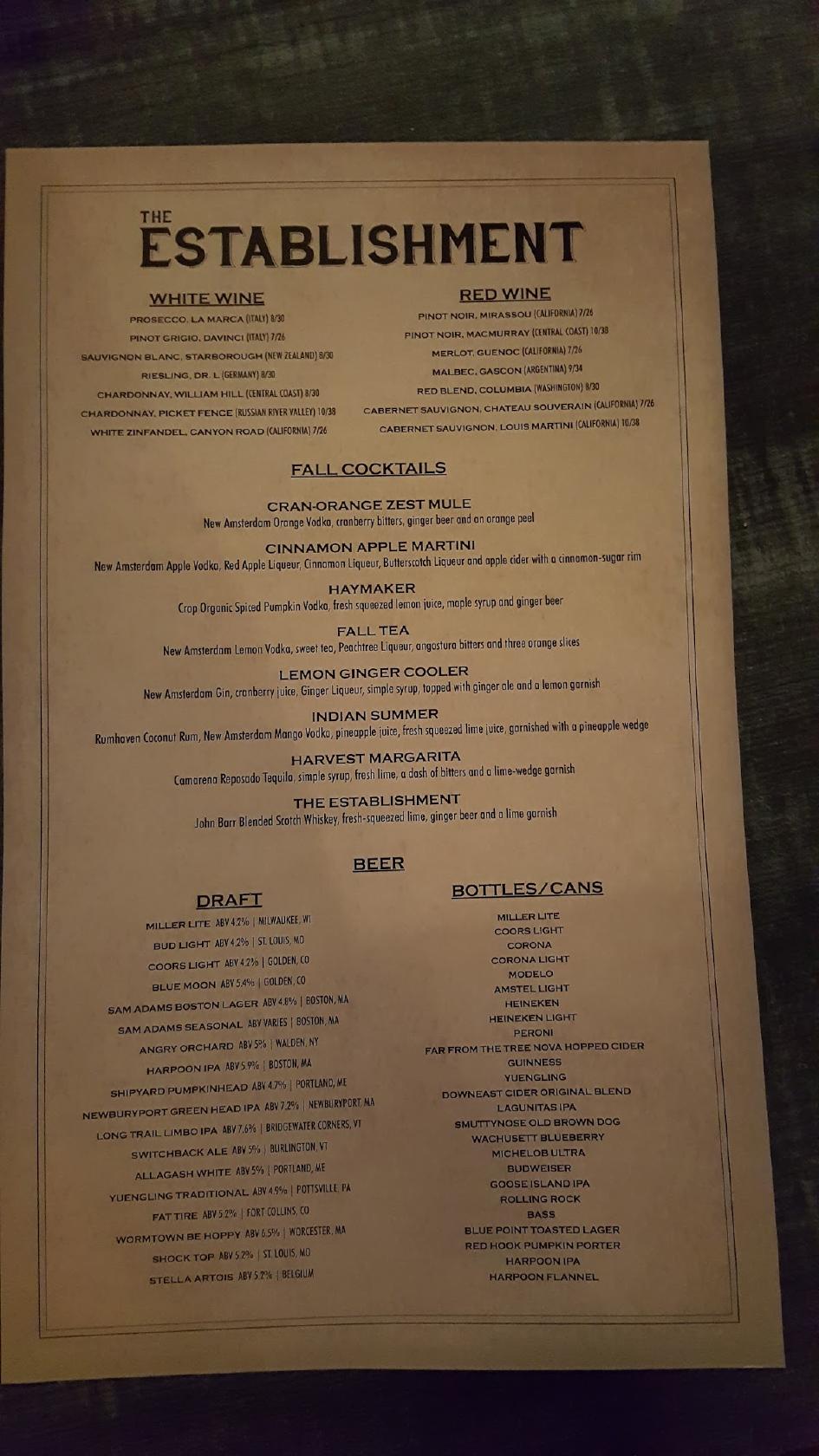 Menu at the Establishment pub & bar, Chelmsford