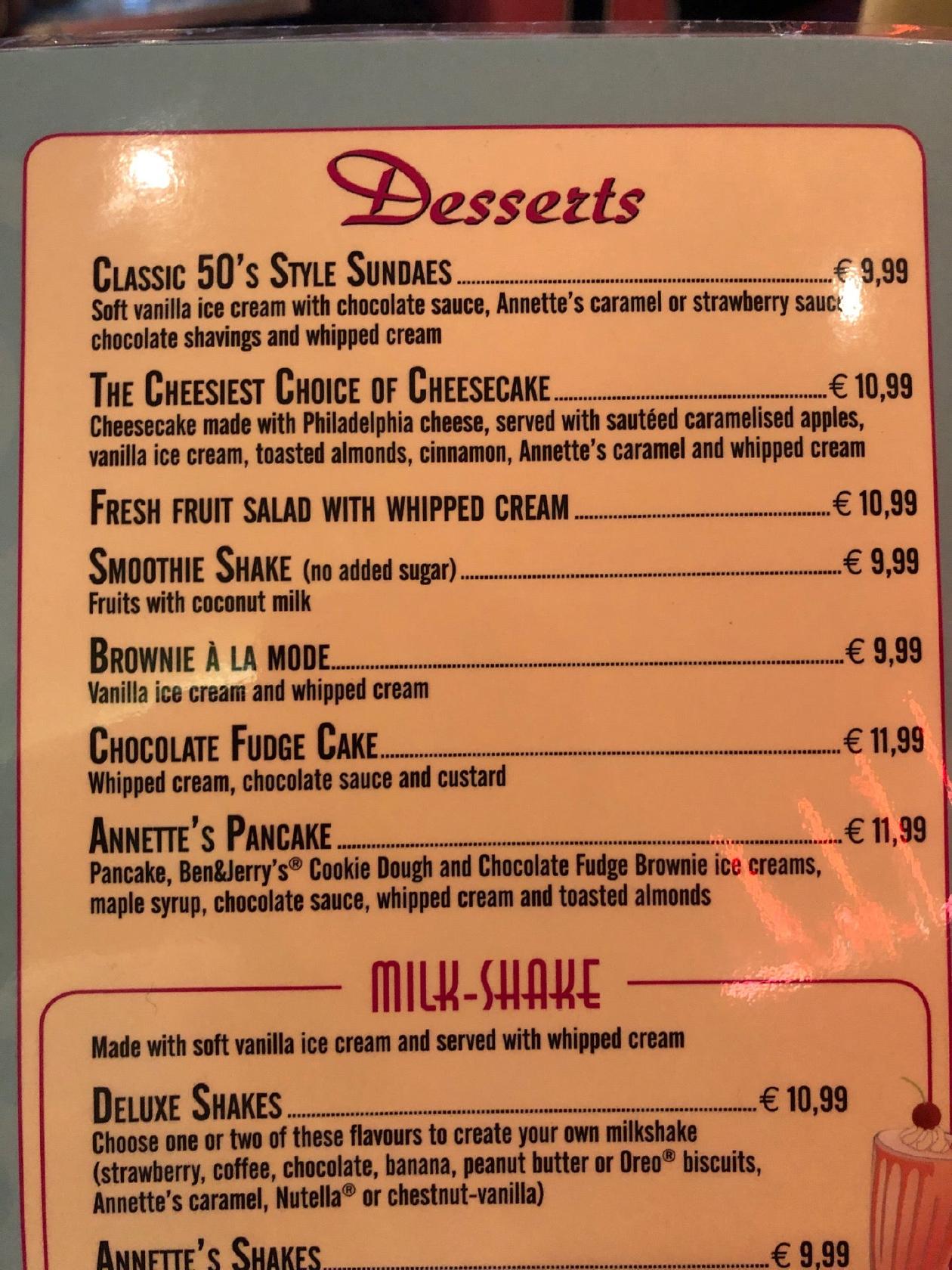 Menu at Annette's Diner restaurant, Chessy
