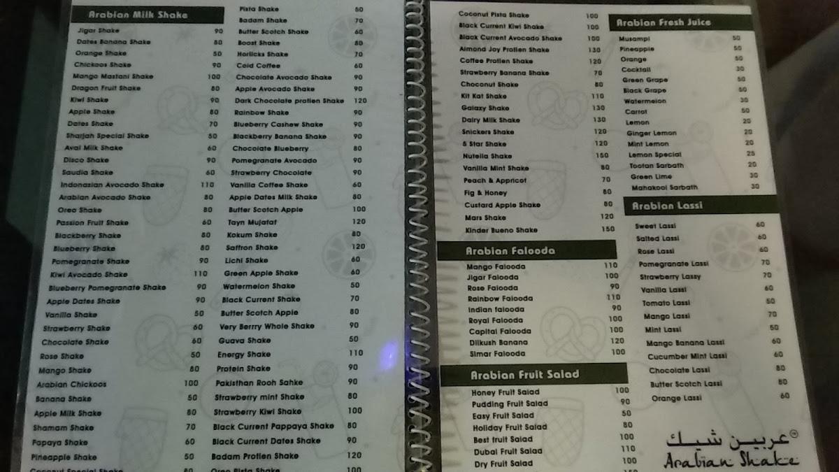 Menu at Arabian Shake, Alappuzha, F8RG+QH7