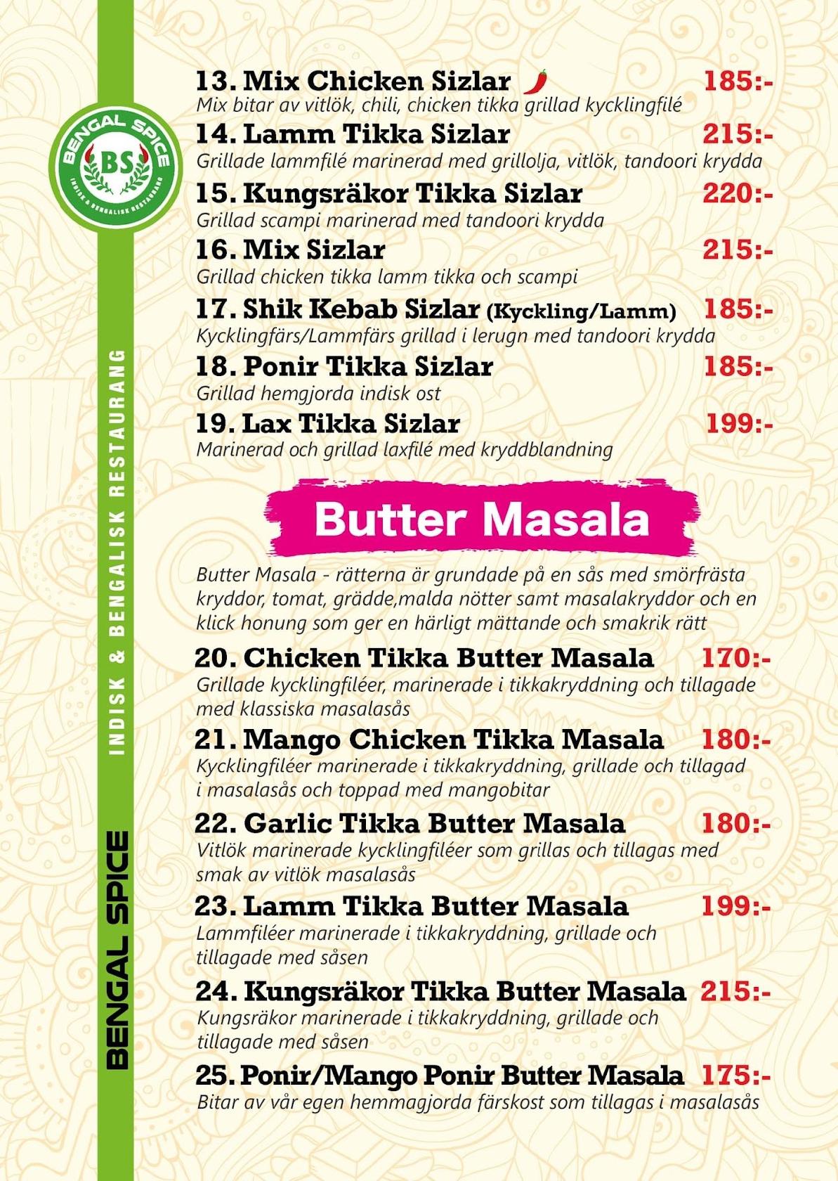 Menu at Bengal Spice Restaurang restaurant, Stockholm, Sjöbjörnsvägen 11
