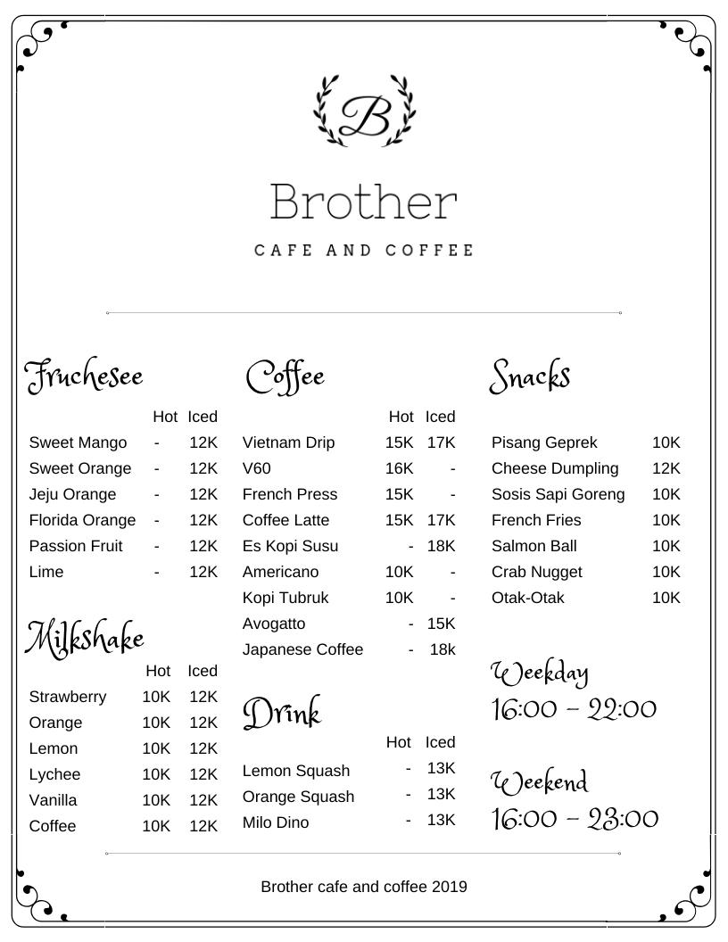 Carta de Brother Cafe And Coffee Purwakarta, Purwakarta